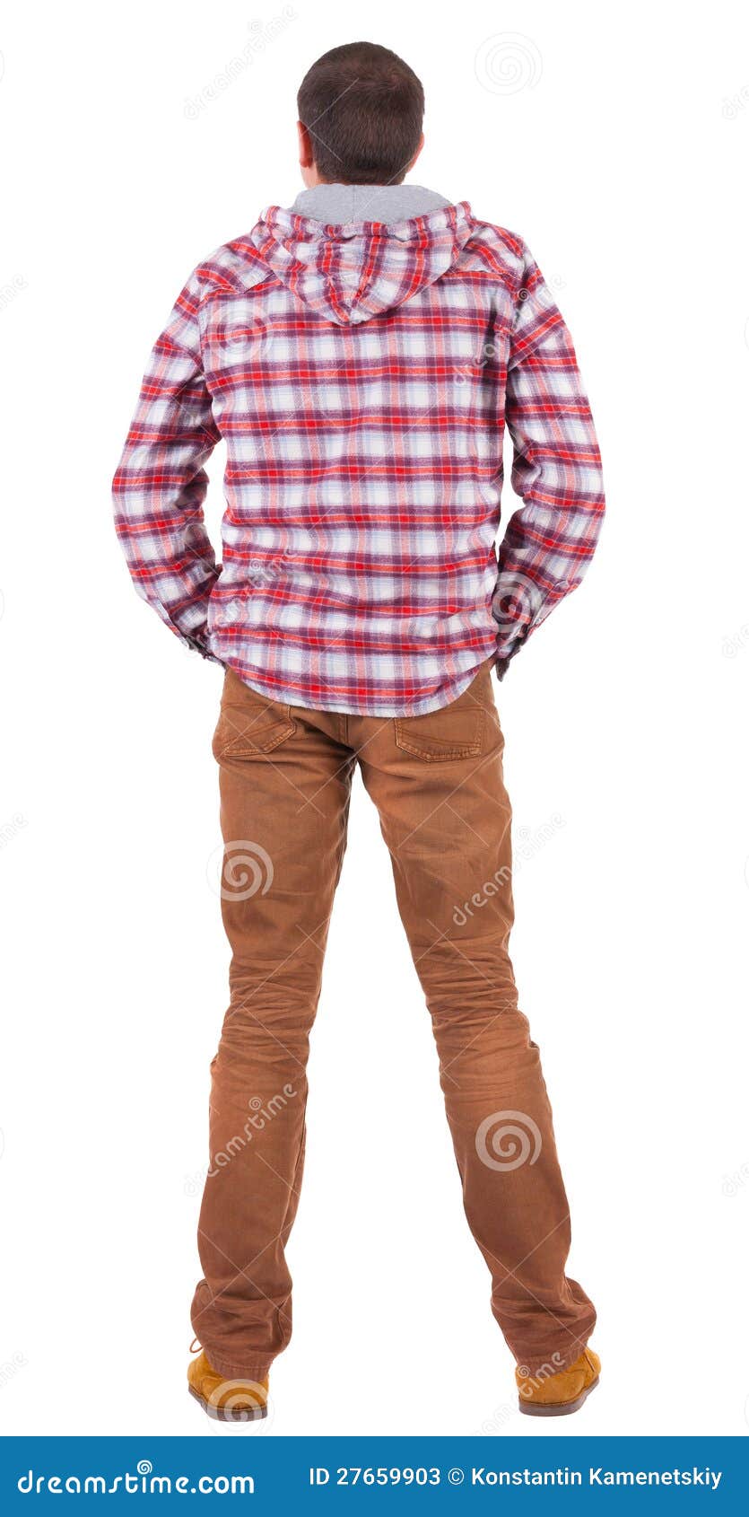Back View of Guy in a Plaid Shirt with Hood Looking. Stock Image ...
