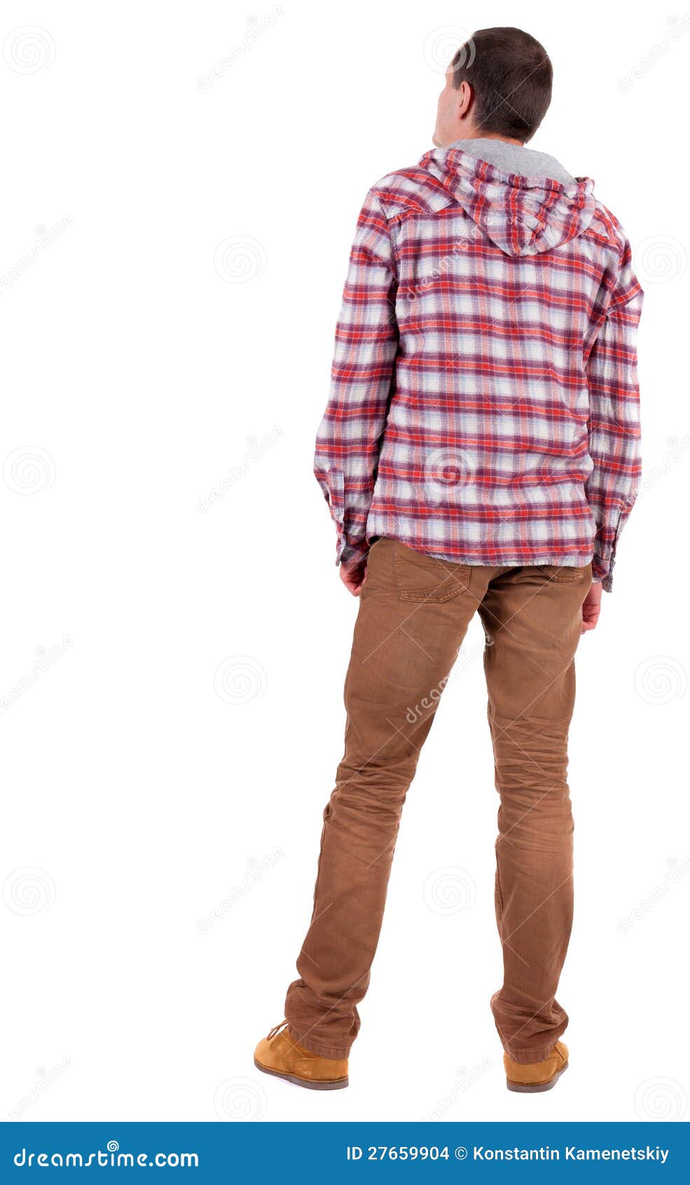 Back View of Guy in a Plaid Shirt with Hood Looking. Stock Photo ...