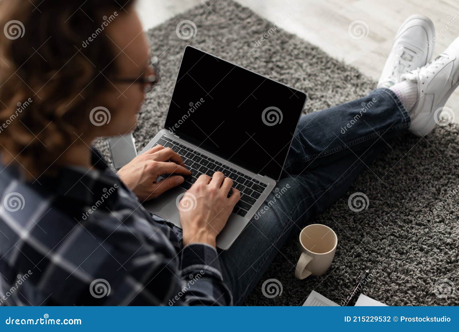 Back-View of Guy Using Laptop with Blank Screen Sitting Indoor Stock ...