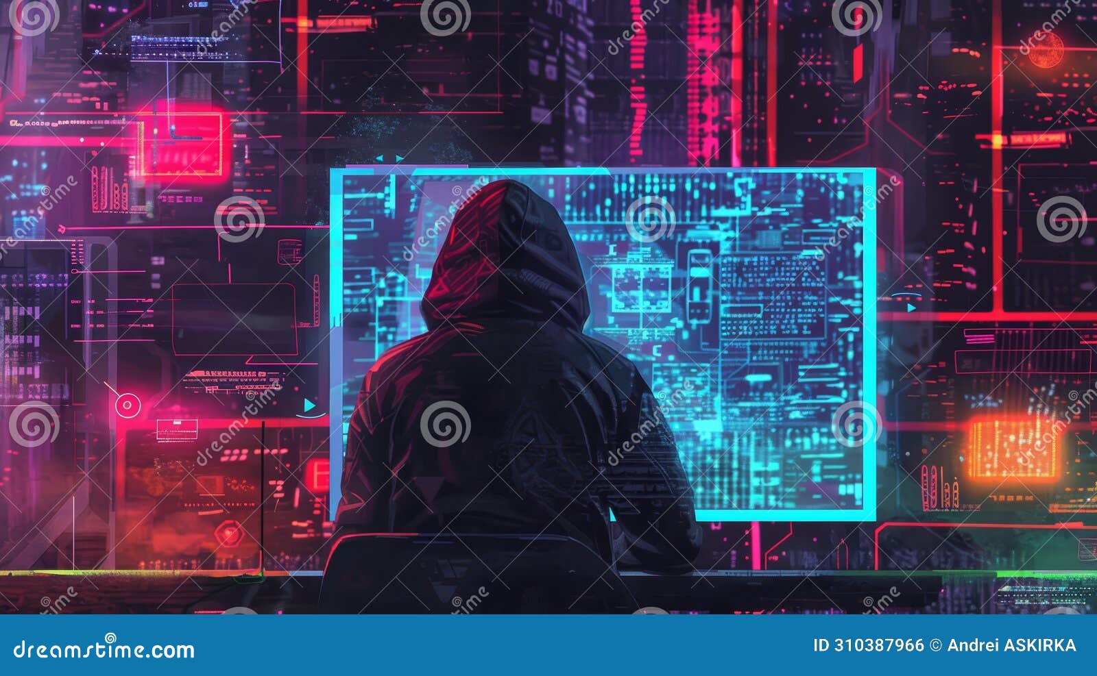 Back View of a Hacker Accessing Digital Interface with Glowing Blue ...