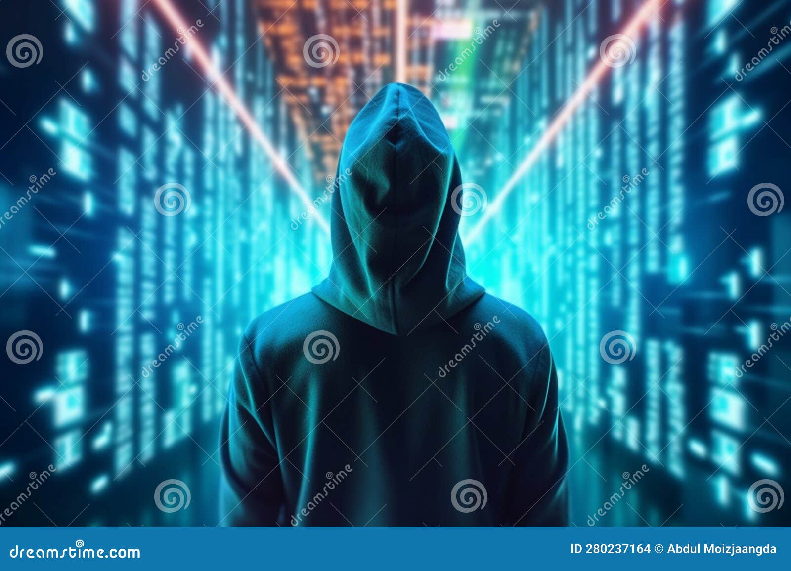 Back View of a Hacker Blending into a Blurry Abstract Metaverse. Stock ...