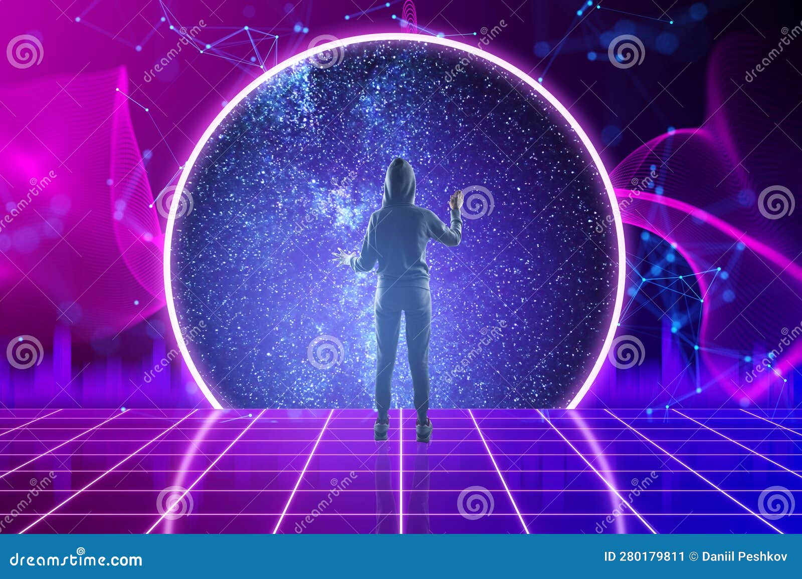 Back View of Hacker on Creative Glowing Metaverse Space Background ...