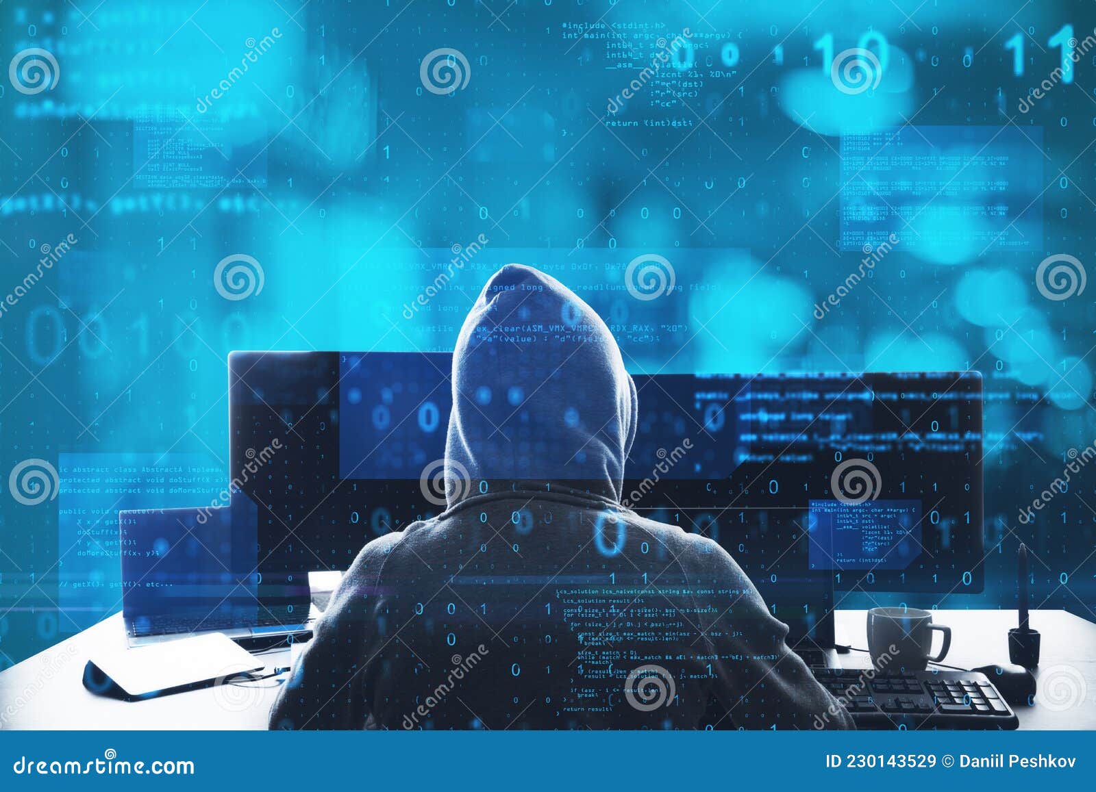 Back View of Hacker at Desktop Using Computer with Abstract Glowing Blue Coding Background ...