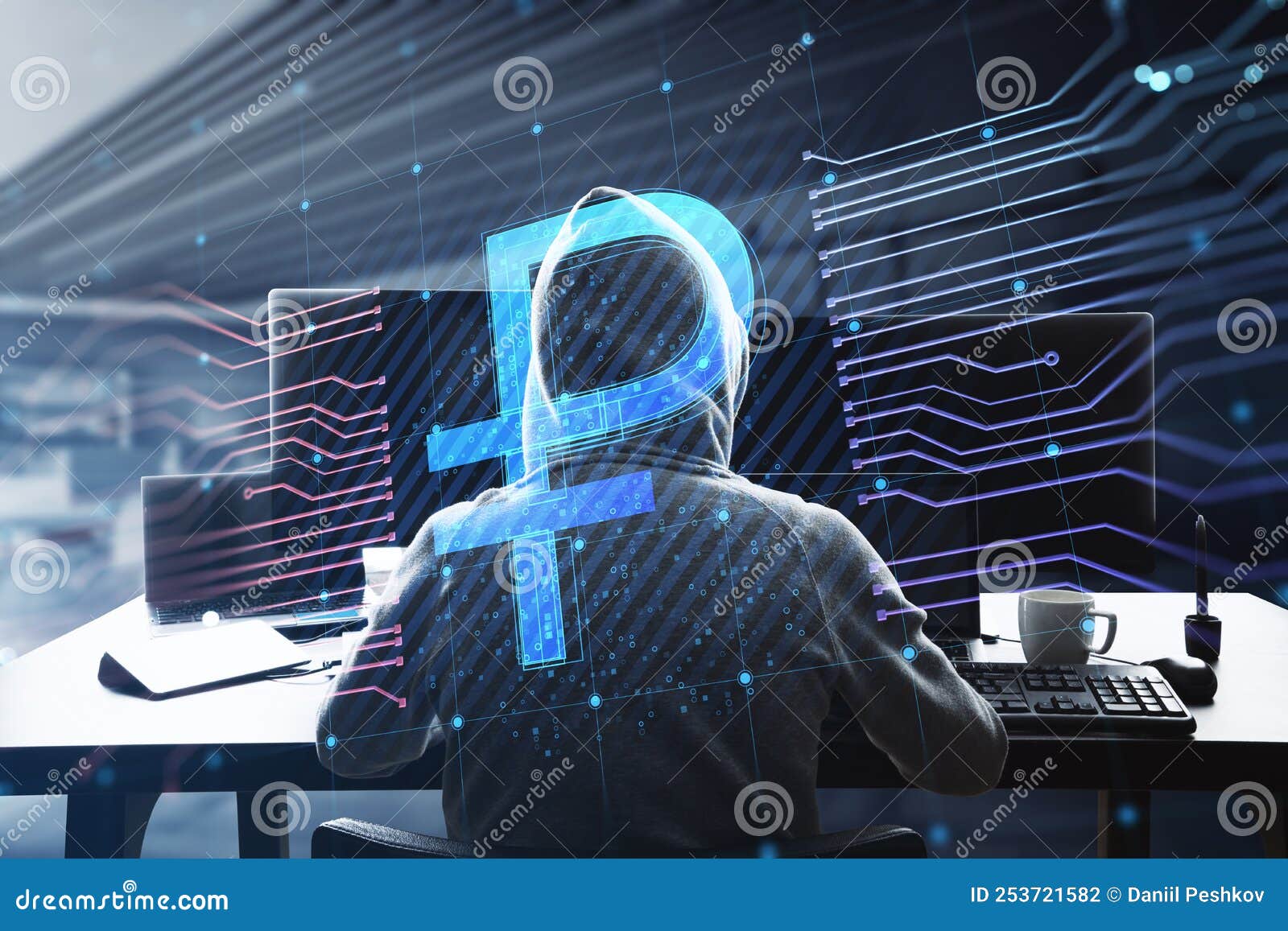 Back View of Hacker at Desktop Using Computers with Creative Glowing ...