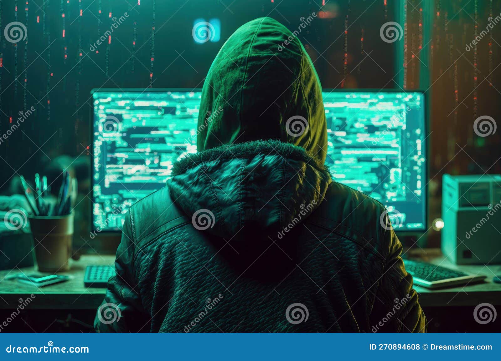 Back View of Hacker in a Hood with Hidden Face Looks at the Monitor ...