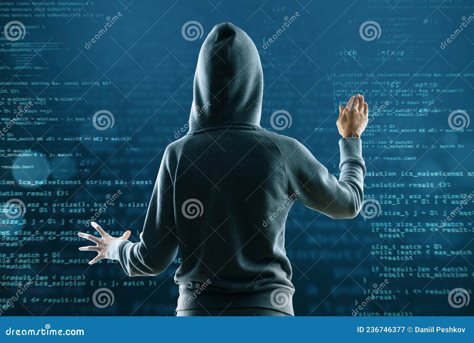 Back View of Hacker in Hoodie on Abstract Coding Background. Hacking ...