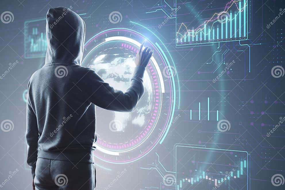 Back View of Hacker in Hoodie Using Digital Business Interface on Gray ...
