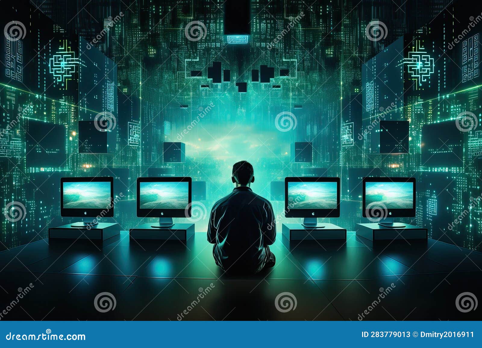 Back View of a Hacker Infront of Monitors. Stock Illustration ...
