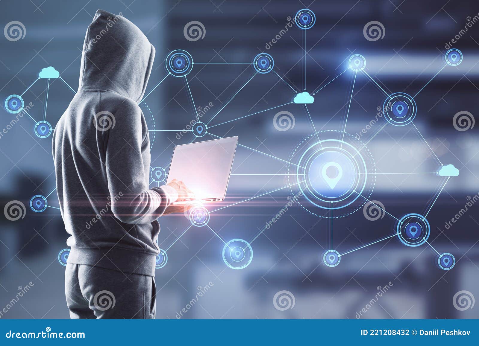 Back View of Hacker with Laptop in Office with Glowing Digital Map with ...