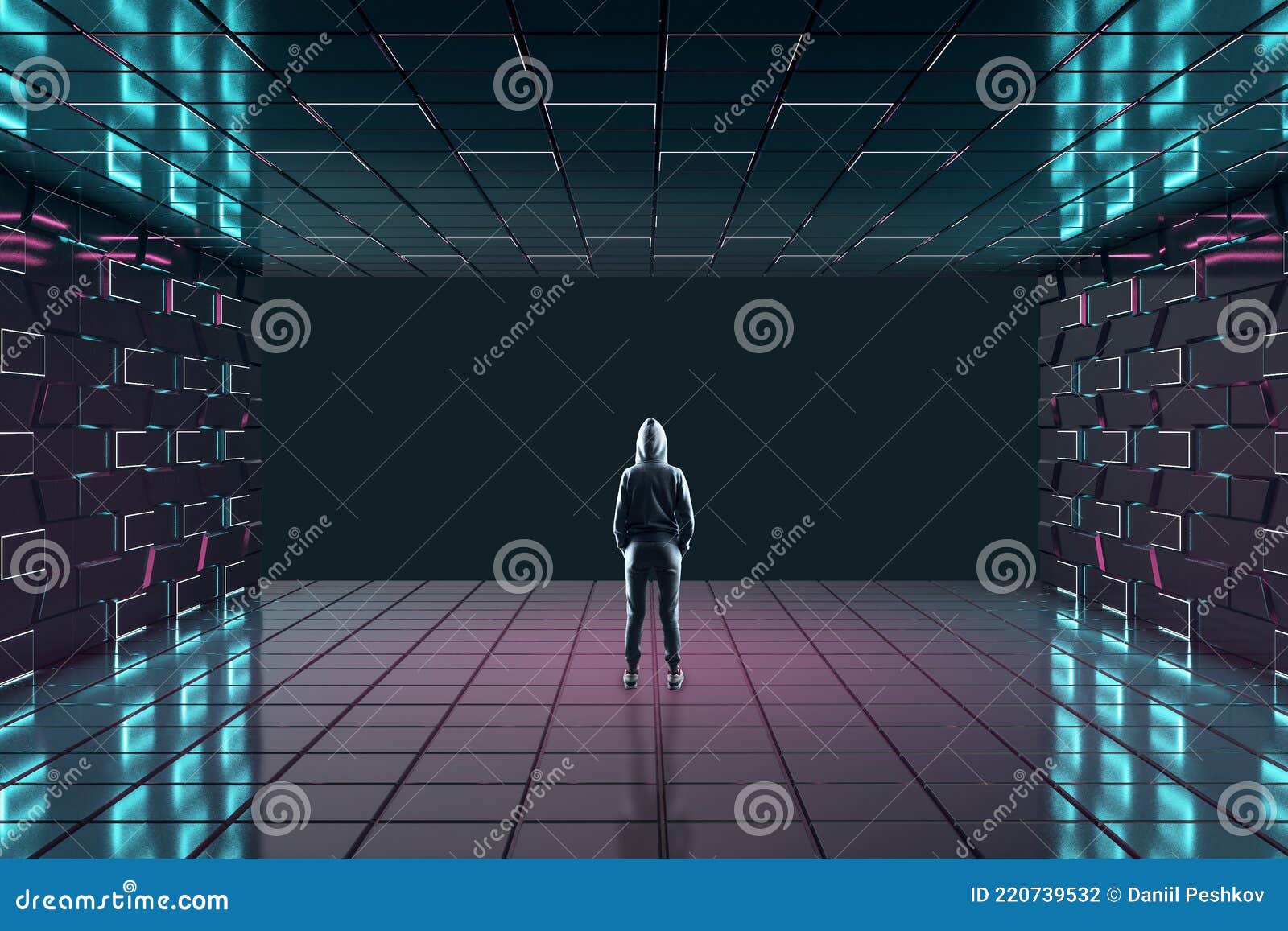 Back View of Hacker in Modern Illuminated Dark Room Interior with ...