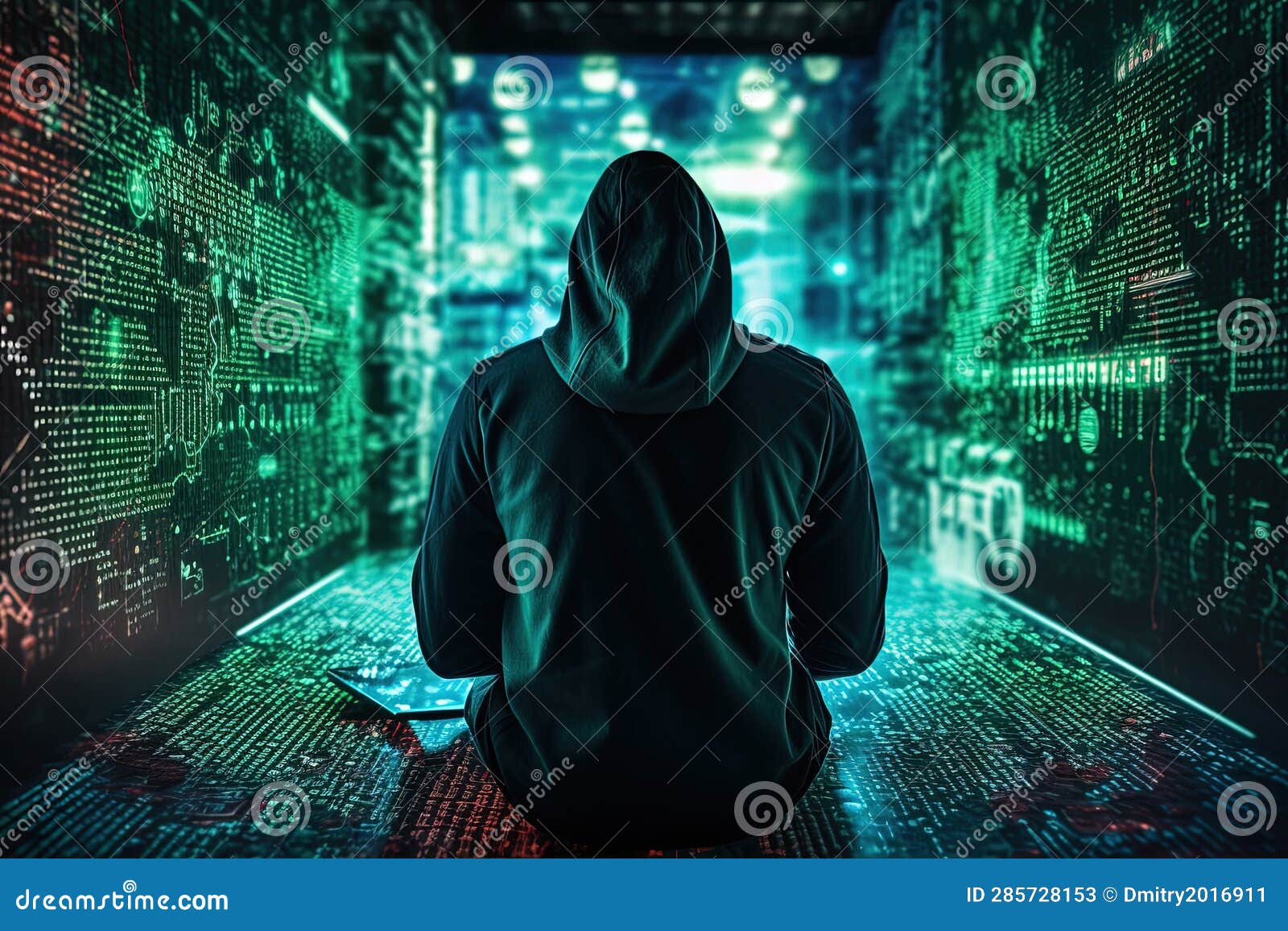 Back View of a Hacker in the Process of Hacking the Net. Stock ...