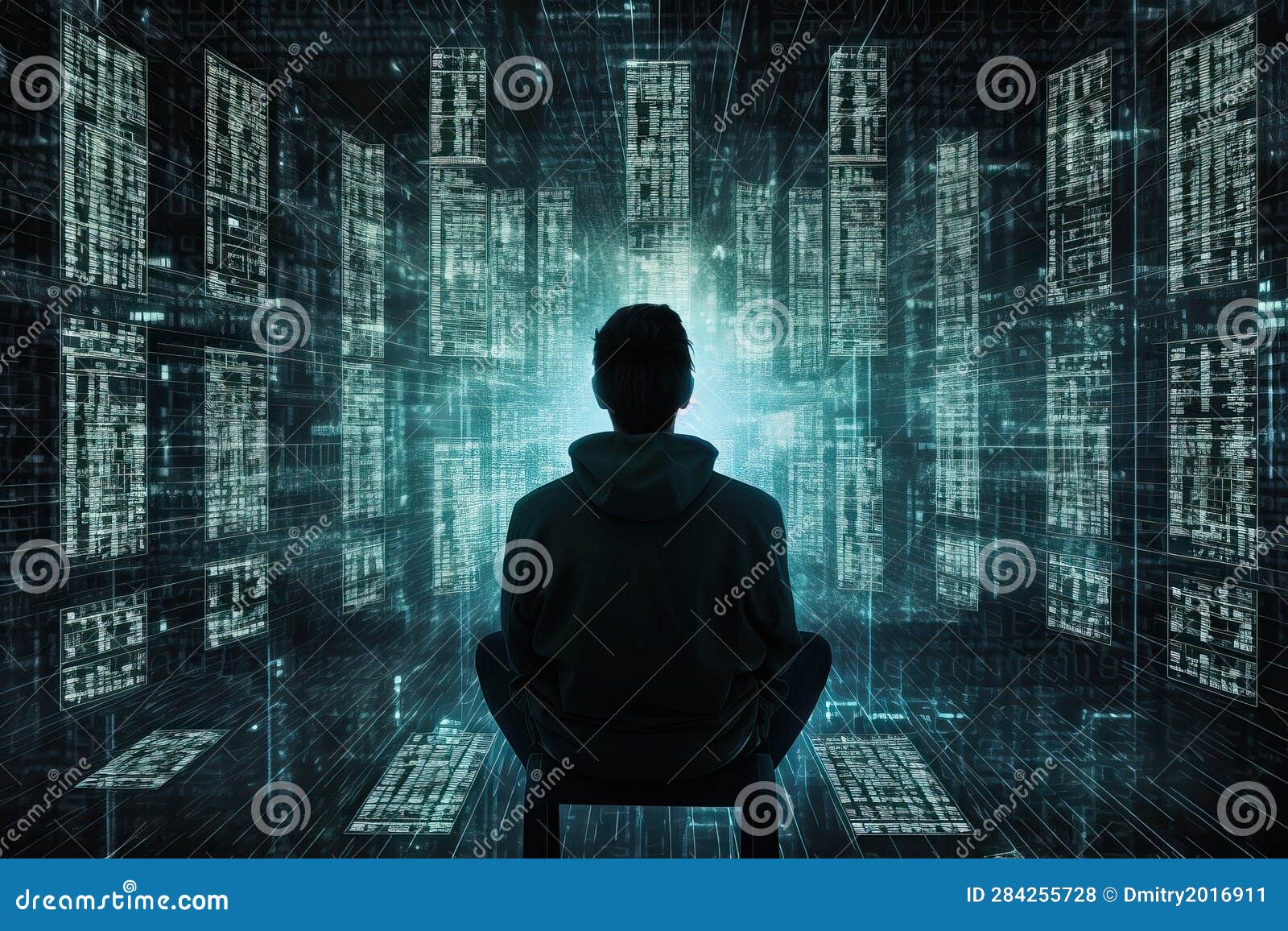 Back View of a Hacker in the Process of Hacking the Network. Stock ...