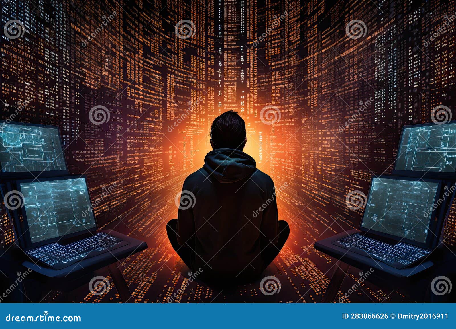 Back View of a Hacker in the Process of Hacking the Network. Stock ...