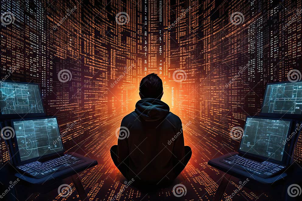 Back View of a Hacker in the Process of Hacking the Network. Stock ...