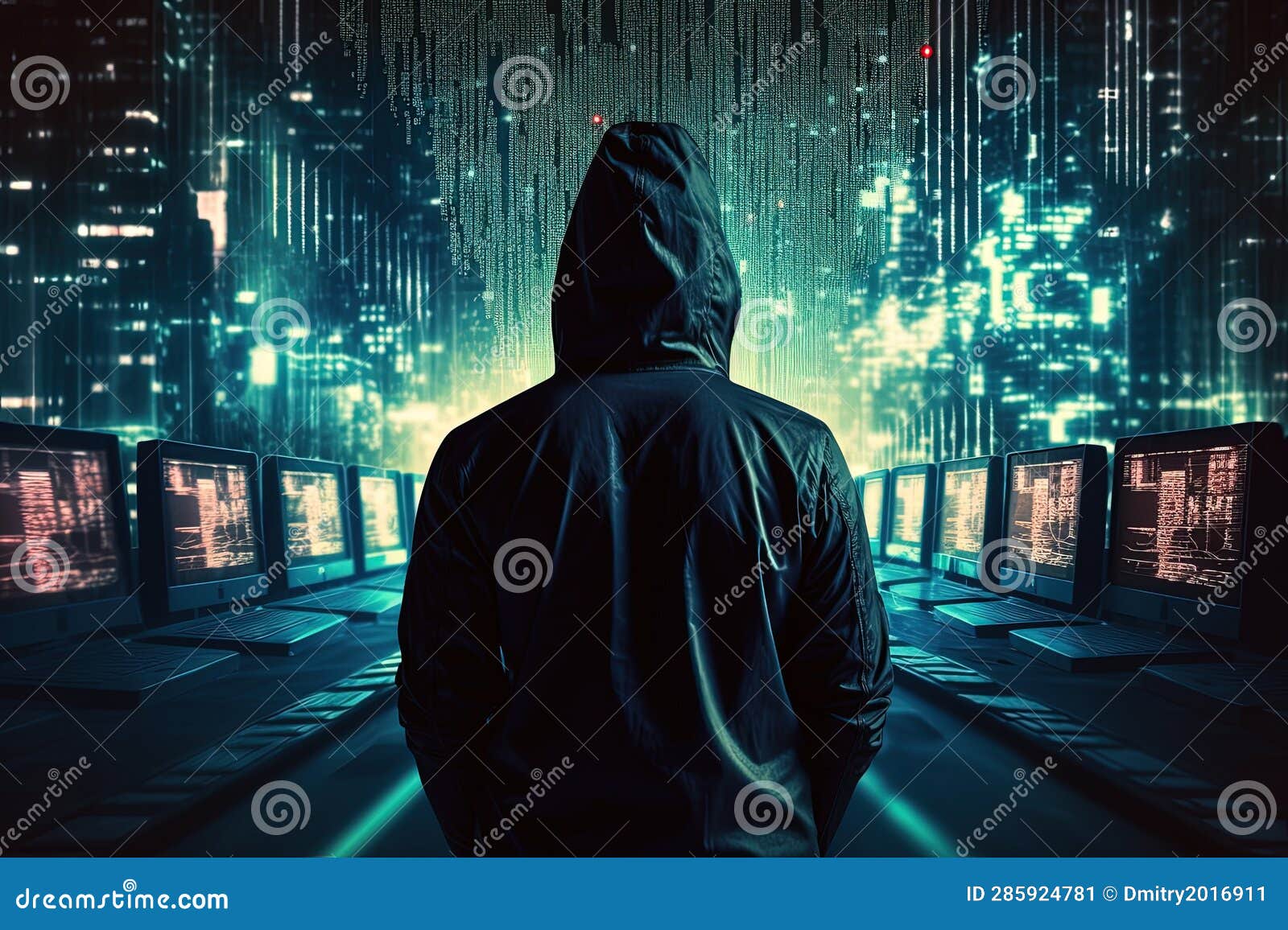 Back View of a Hacker in the Process of Hacking the Network. Stock ...