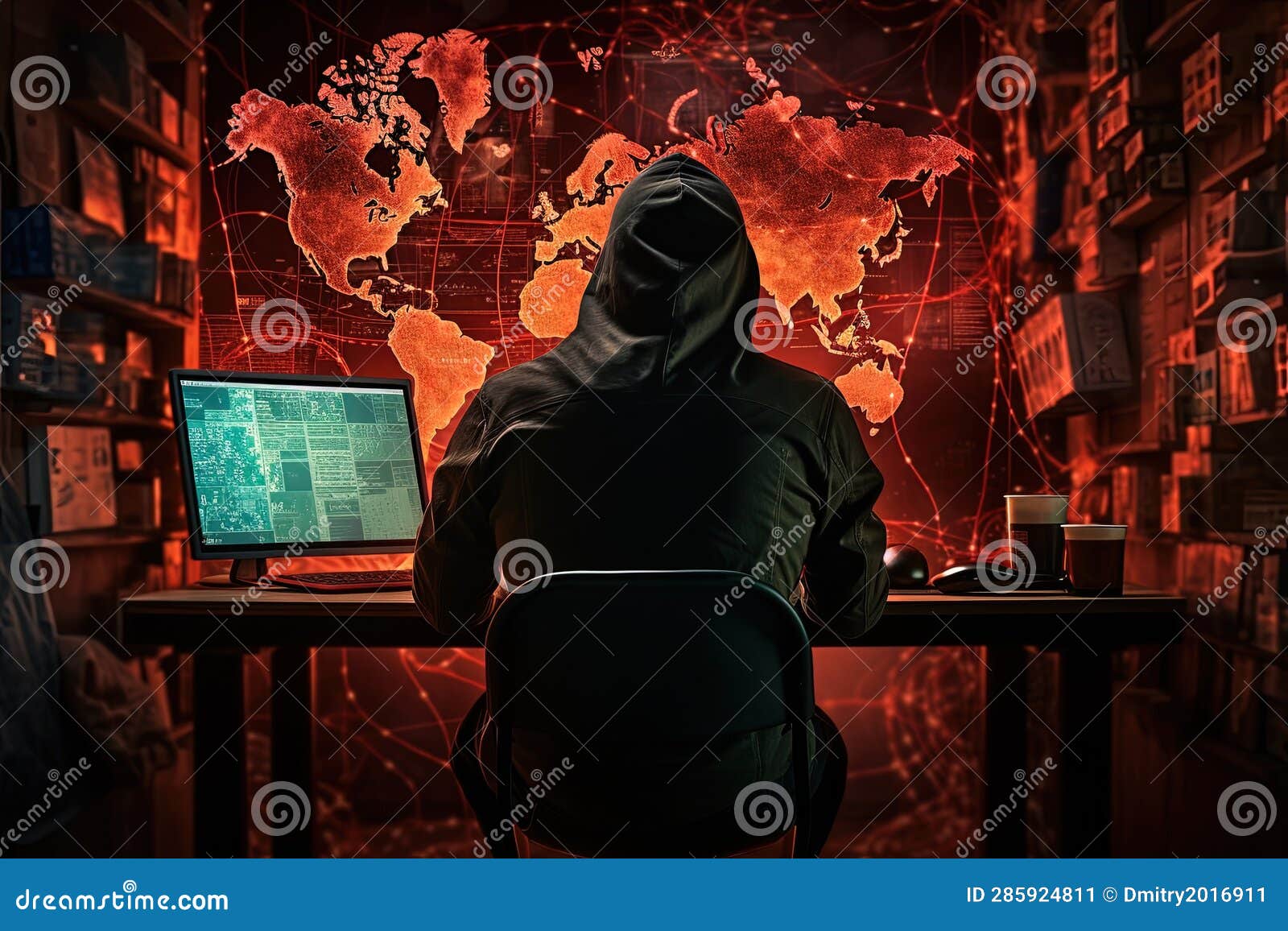 Back View of a Hacker in the Process of Hacking the Network. Stock ...