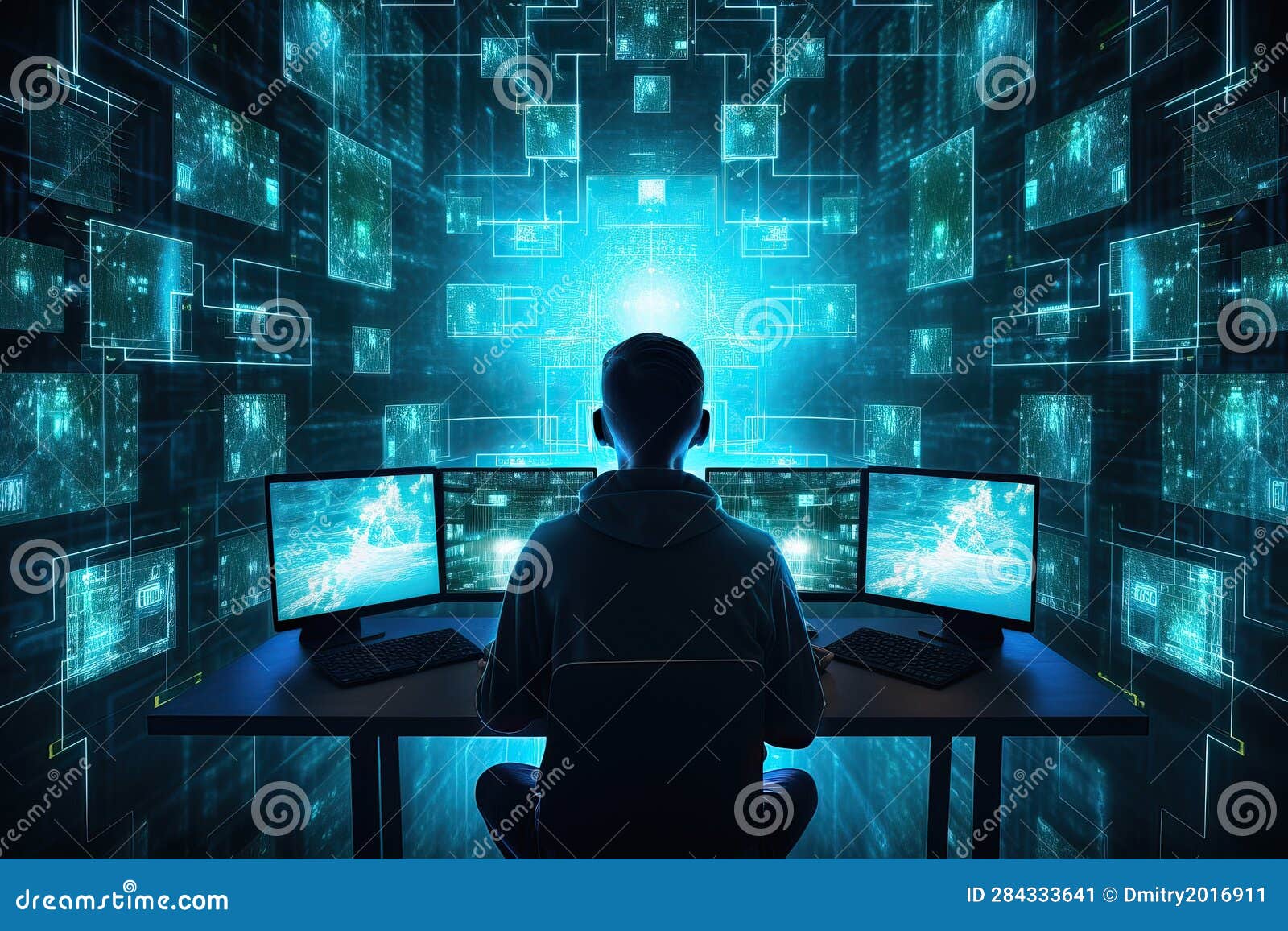 Back View of a Hacker in the Process of Hacking the Network. Stock Illustration - Illustration ...
