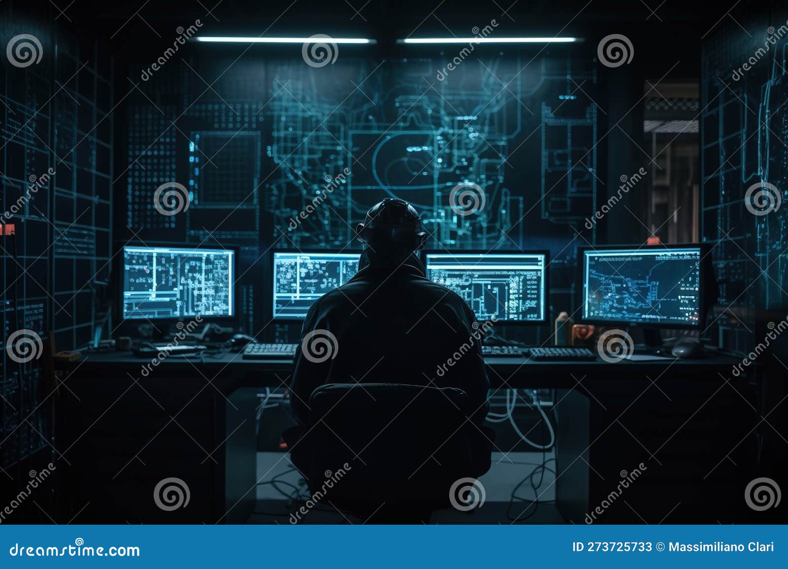 Back View of Hacker in Server Room. Concept Data Security Stock ...