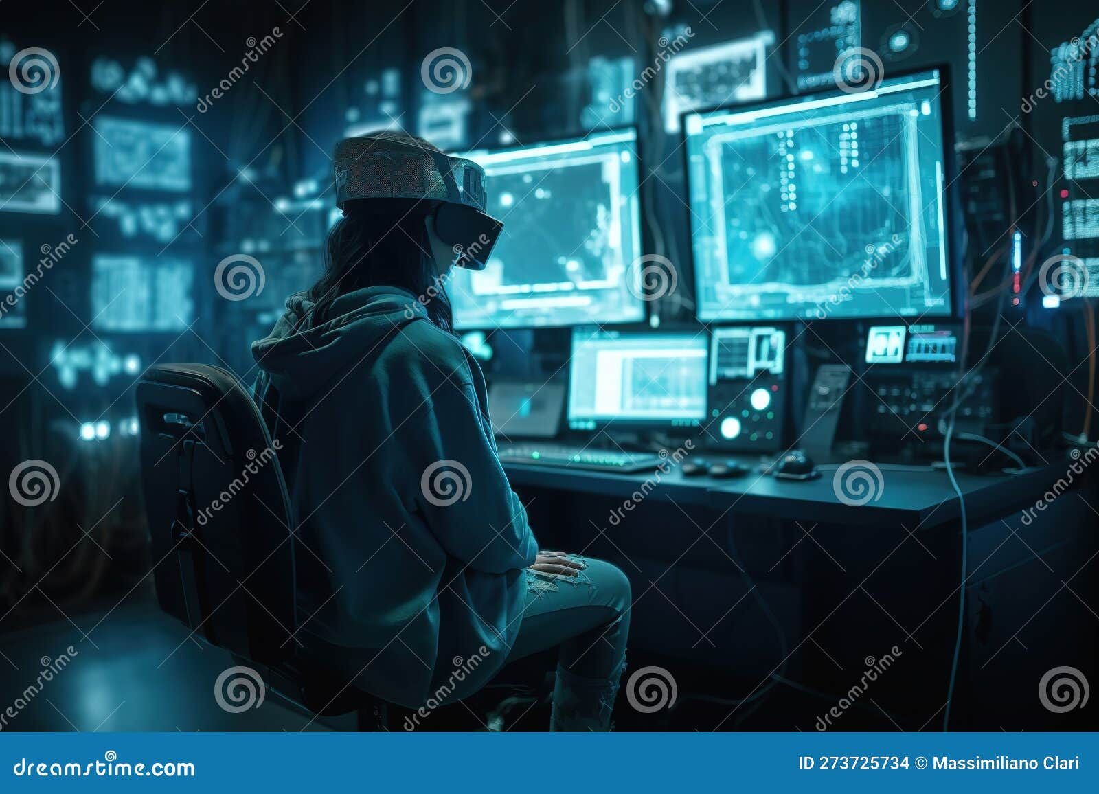 Back View of Hacker in Server Room. Concept Data Security Stock ...