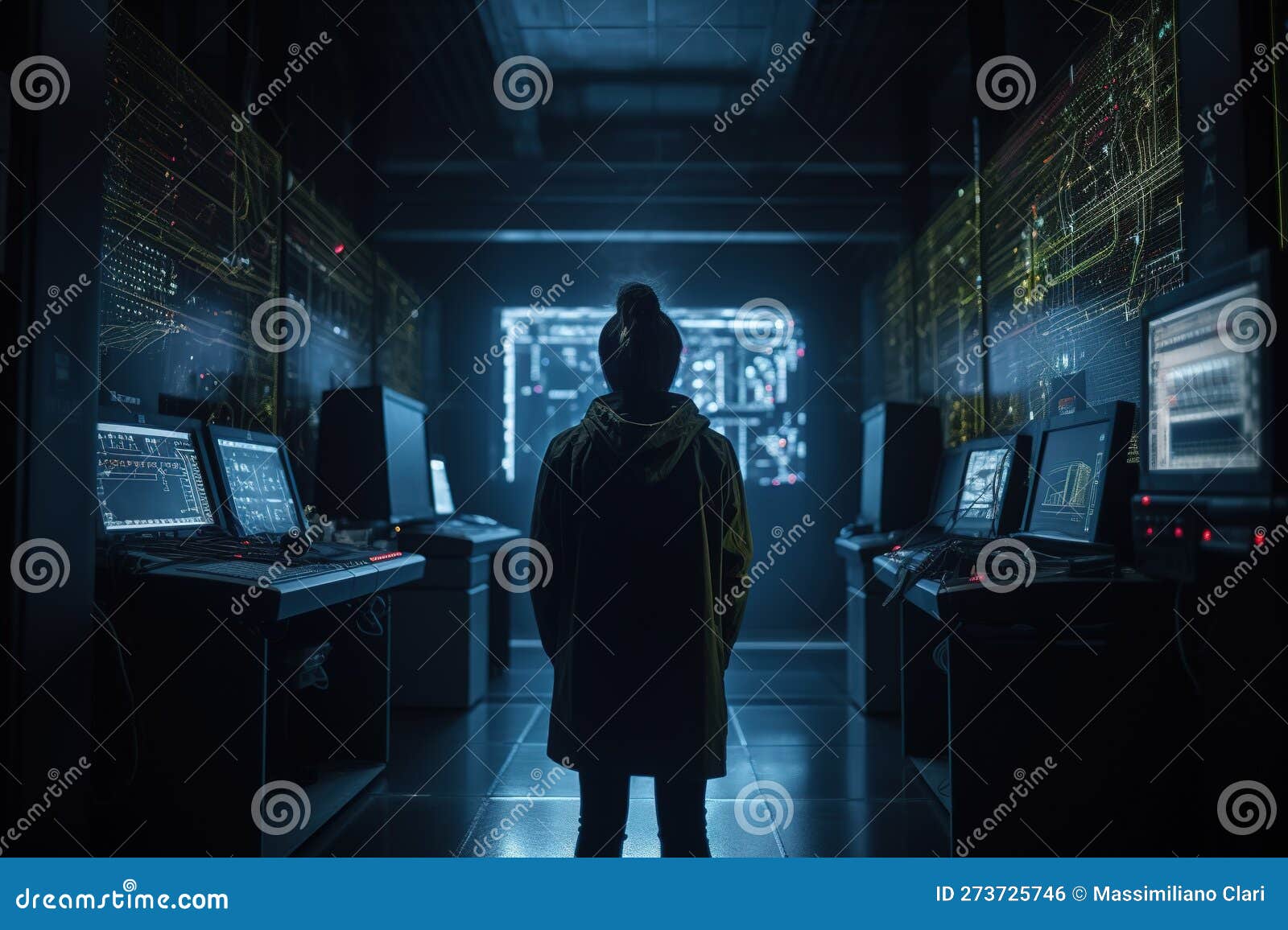 Back View of Hacker in Server Room. Concept Data Security Stock ...