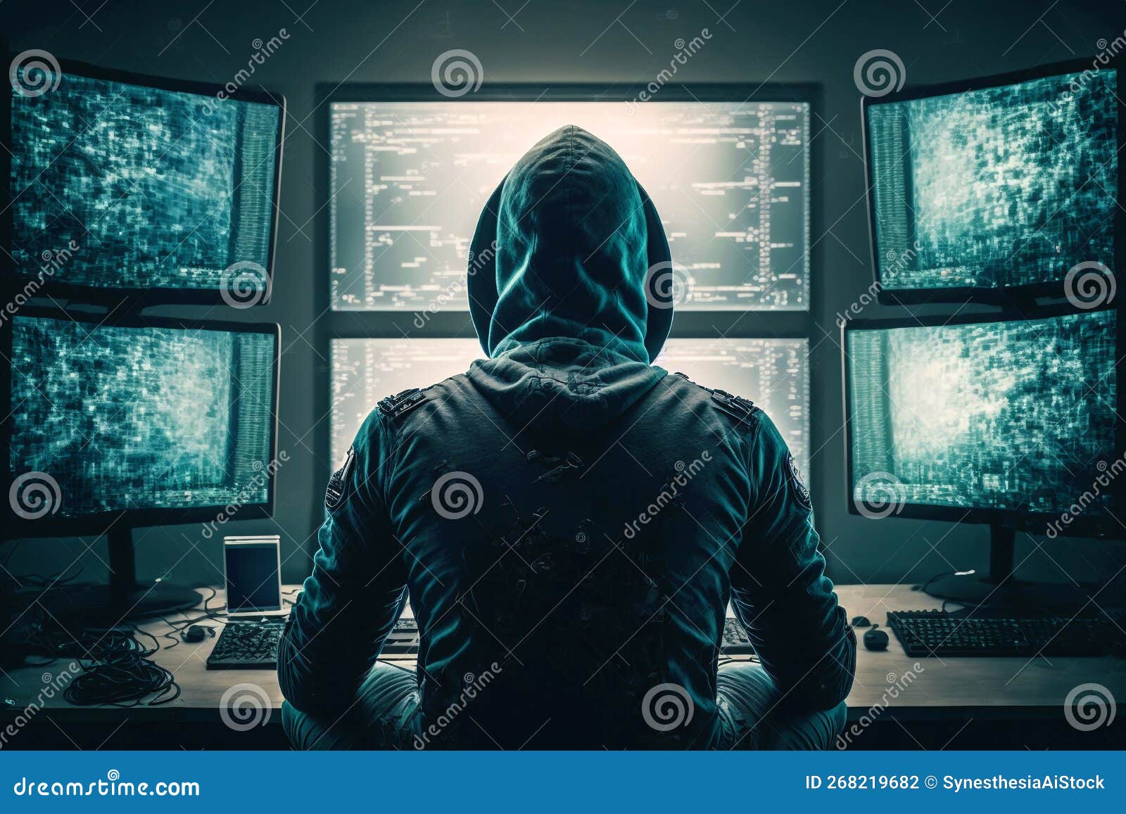Back View Of Hacker Sitting In Front Of Computer Screen With Multiple Windows Open Multitasking