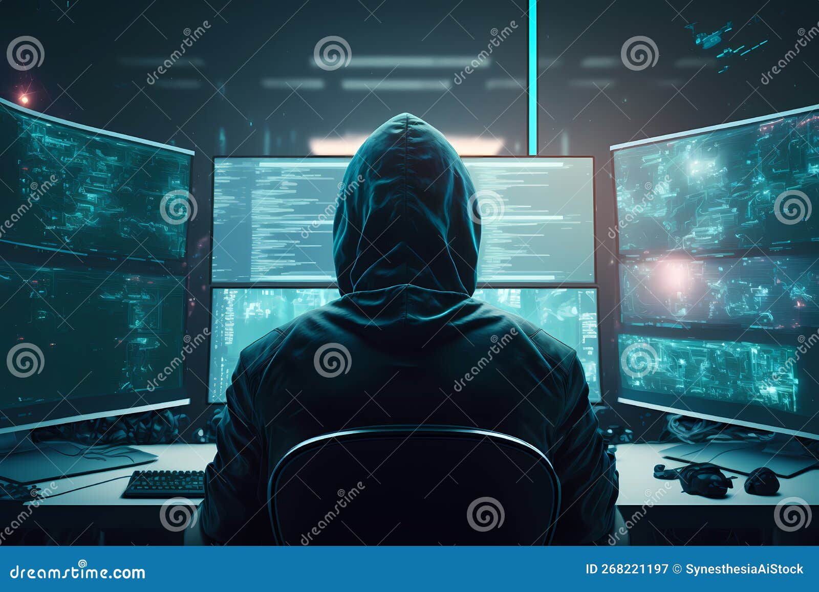 Back View of Hacker Sitting in Front of Computer Screen with Multiple Windows Open Multitasking ...