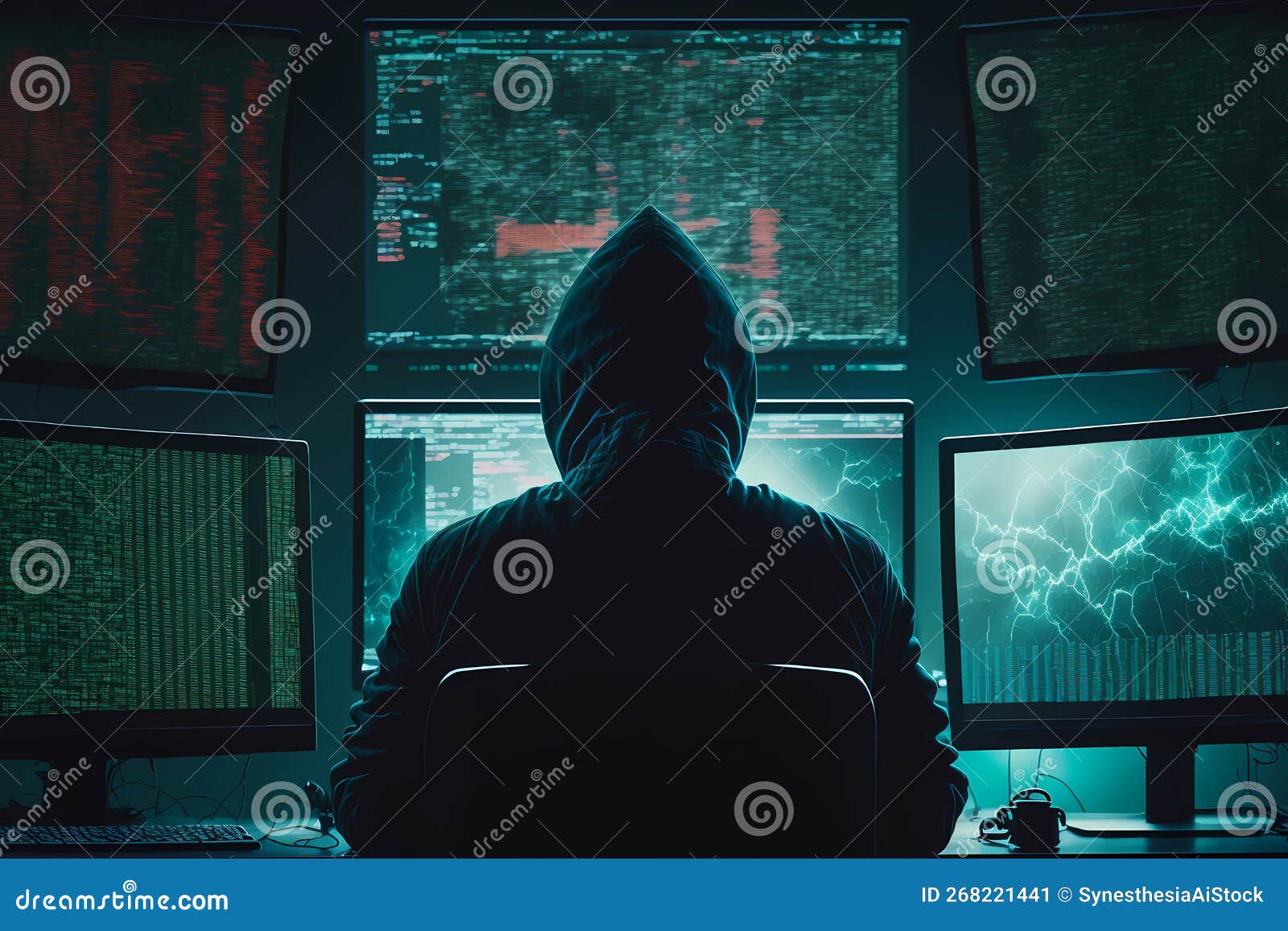 Back View of Hacker Sitting in Front of Computer Screen with Multiple ...