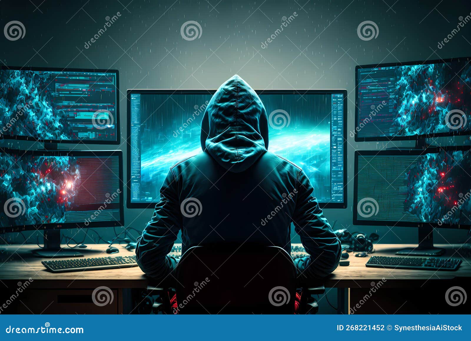 Back View of Hacker Sitting in Front of Computer Screen with Multiple Windows Open Multitasking ...