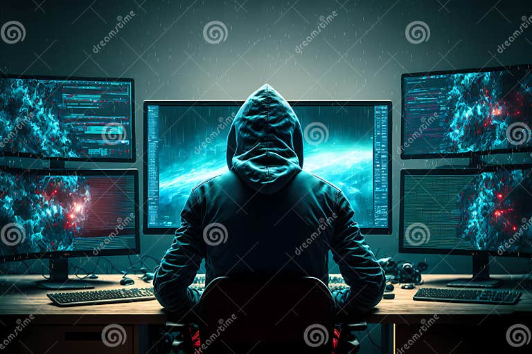 Back View Of Hacker Sitting In Front Of Computer Screen With Multiple Windows Open Multitasking
