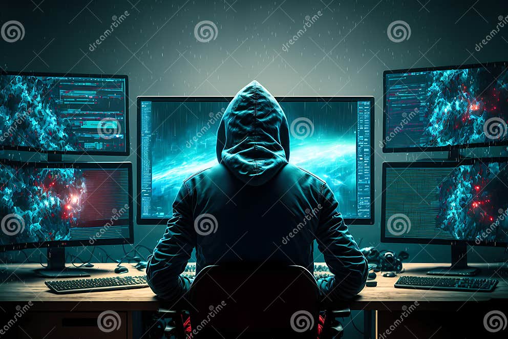 Back View Of Hacker Sitting In Front Of Computer Screen With Multiple Windows Open Multitasking