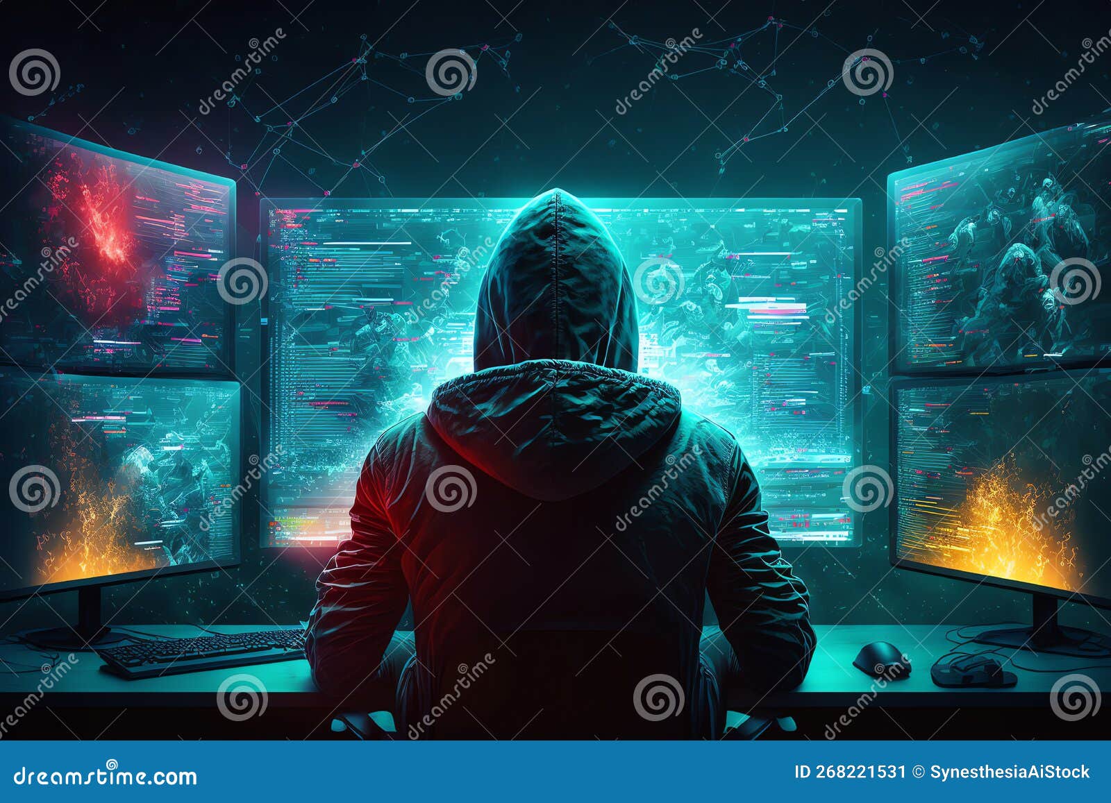 Back View of Hacker Sitting in Front of Computer Screen with Multiple ...