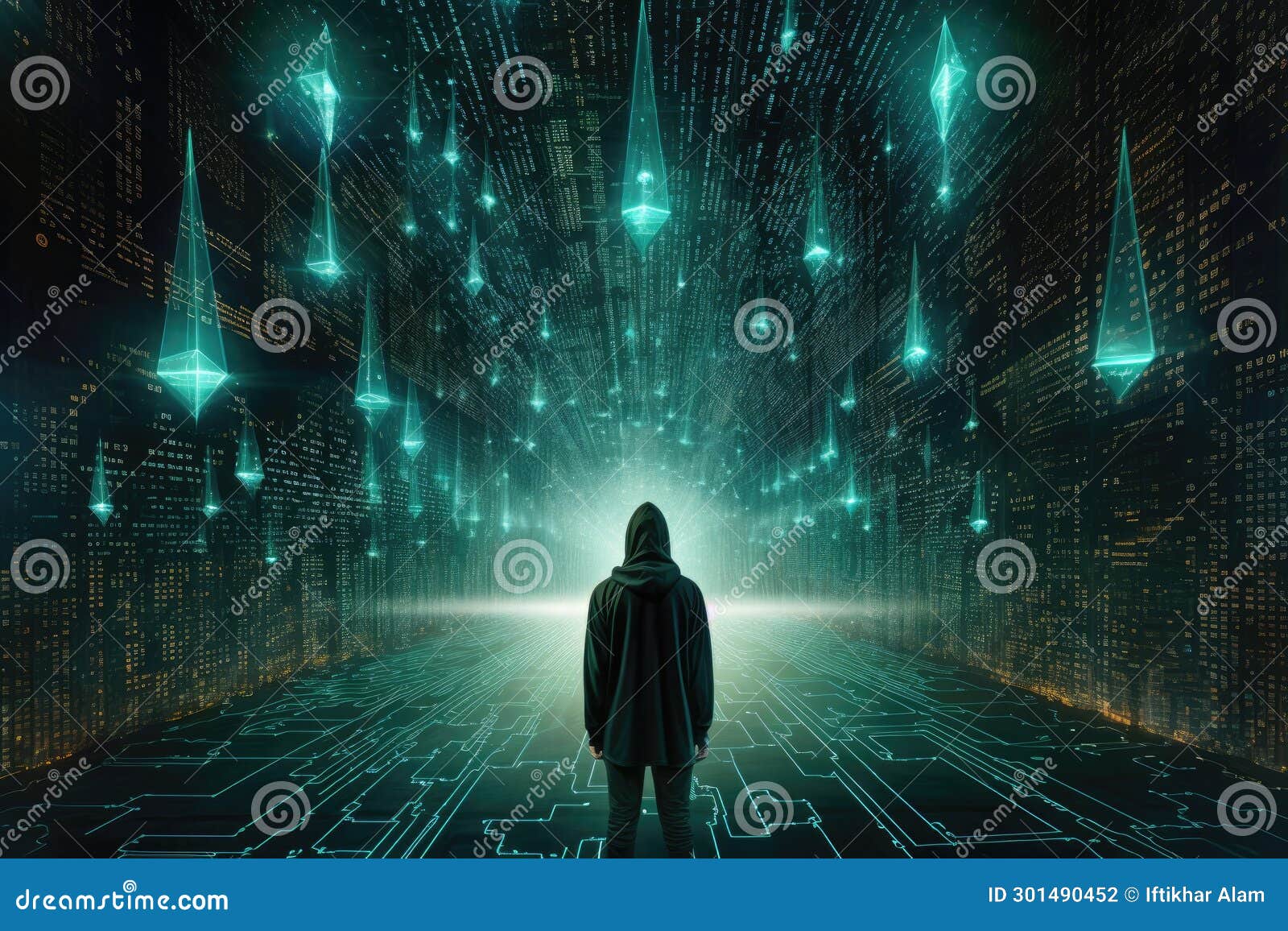 Back View Of Hacker Standing In Front Of Glowing Binary Code On Dark Background Depict An