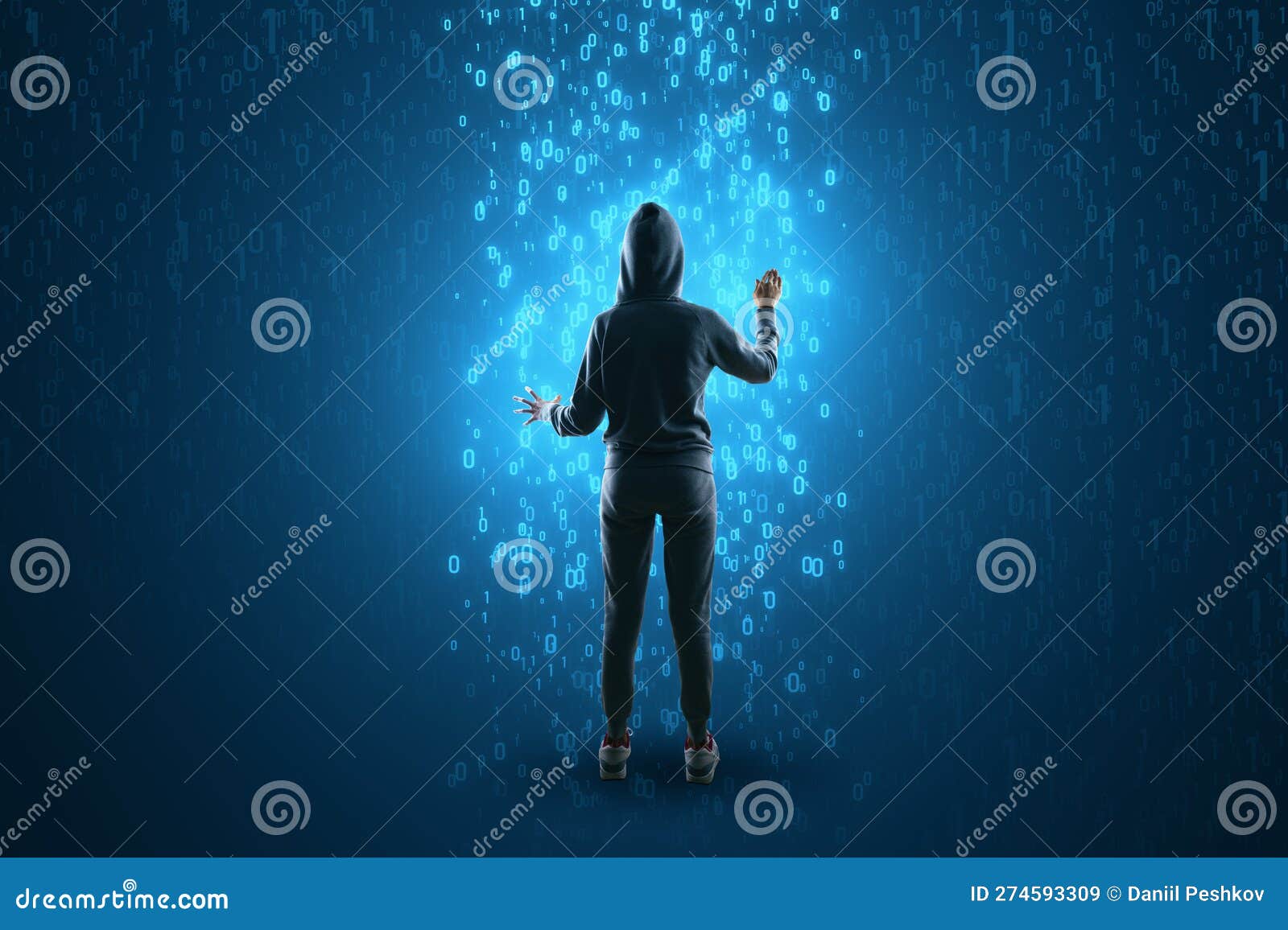 Back View Of Hacker Using Abstract Glowing Binary Code Hologram On Background Programming