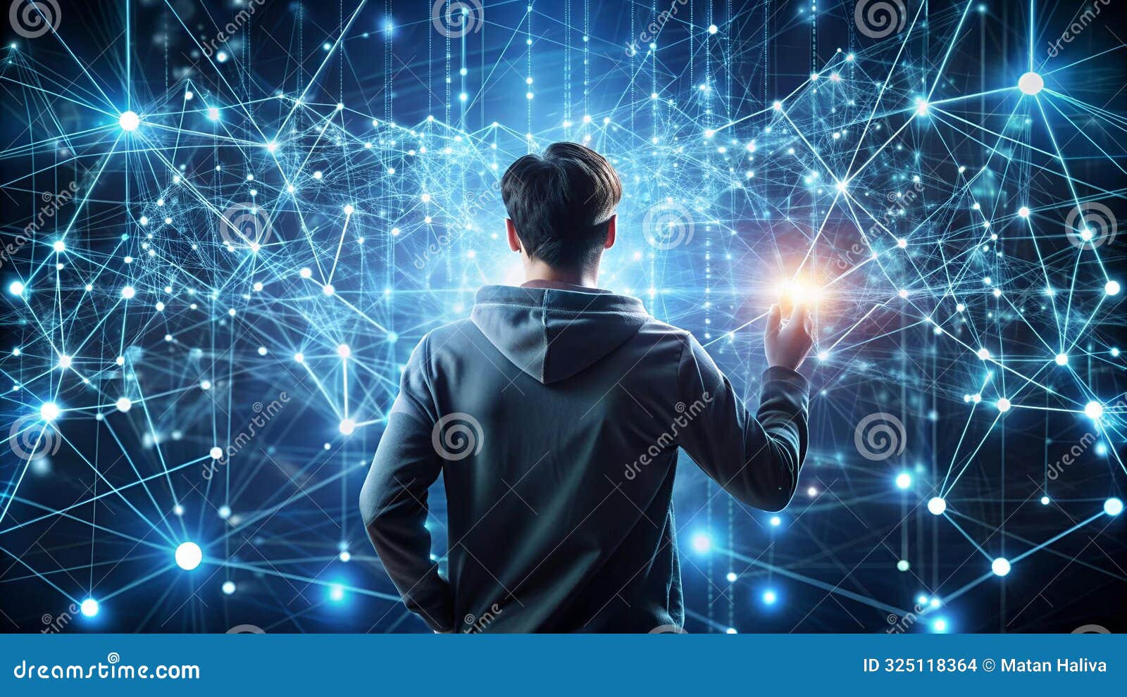 Back View of Hacker Using Abstract Glowing Lines Interface on Dark Background. Big Data ...