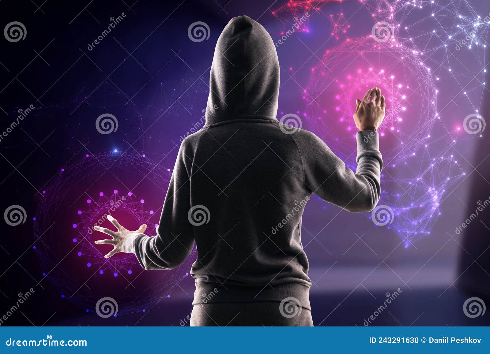 Back View of Hacker Using Abstract Polygonal Circles Interface on ...