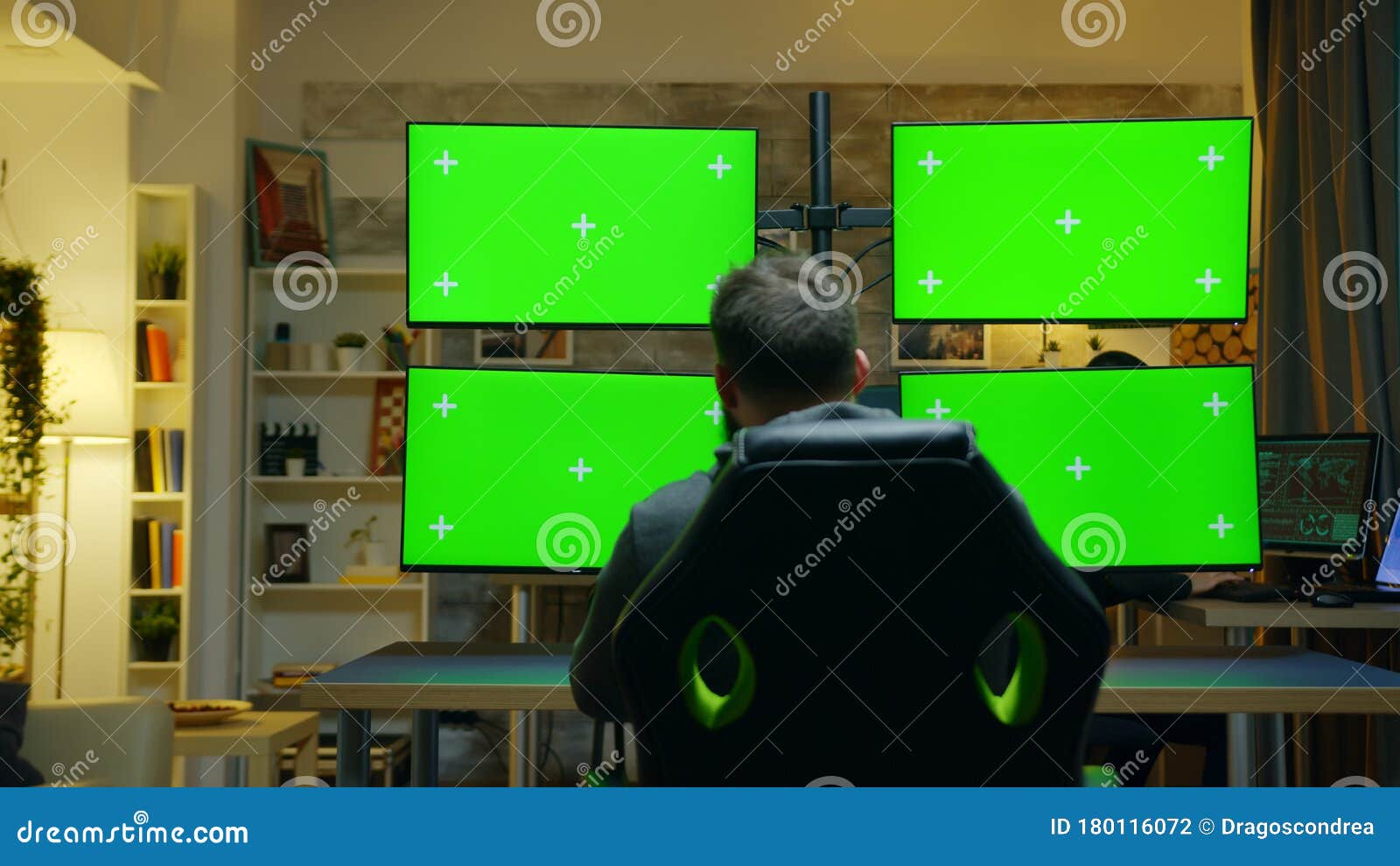 Back View of Hacker Using Computer with Multiple Screen Stock Photo ...