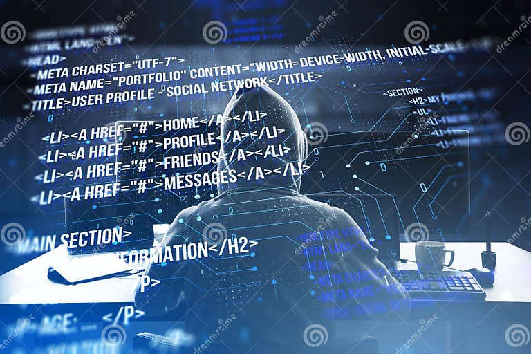 Back View Of Hacker Using Computers At Desk With Creative Digital Programming Language On Blurry