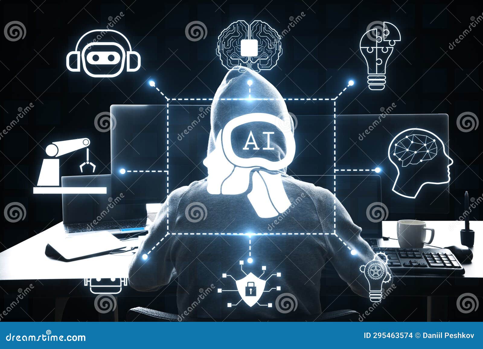 Back View of Hacker Using Computers at Desk with Creative Glowing Ai ...