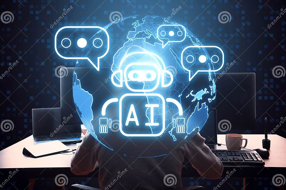 Back View of Hacker Using Computers at Desk with Creative Glowing Robot and Globe Ai Hologram on ...