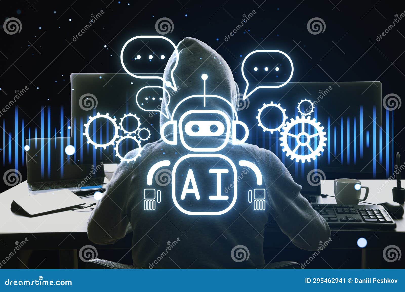 Back View of Hacker Using Computers at Desk with Glowing Robot Ai Hologram on Dark Background ...