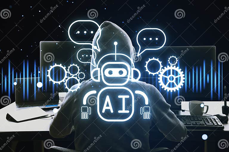 Back View of Hacker Using Computers at Desk with Glowing Robot Ai Hologram on Dark Background ...
