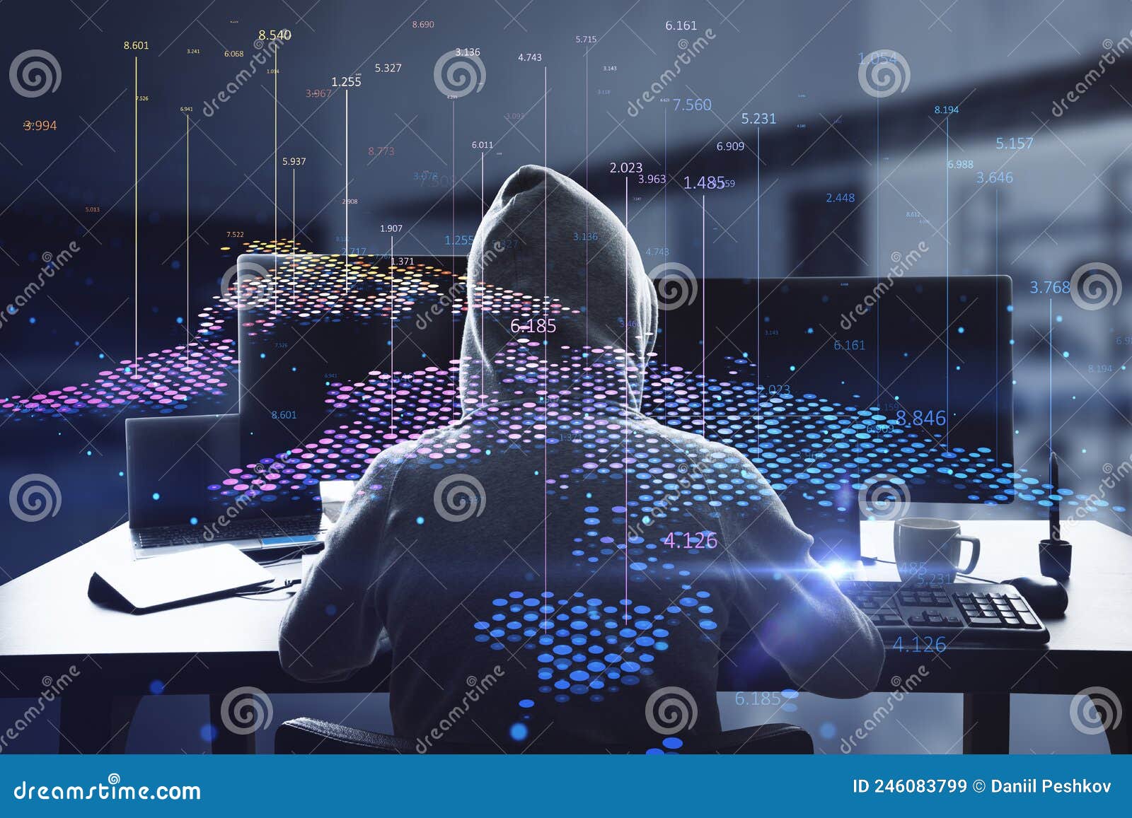 Back View of Hacker Using Computers at Desktop with Abstract Digital ...