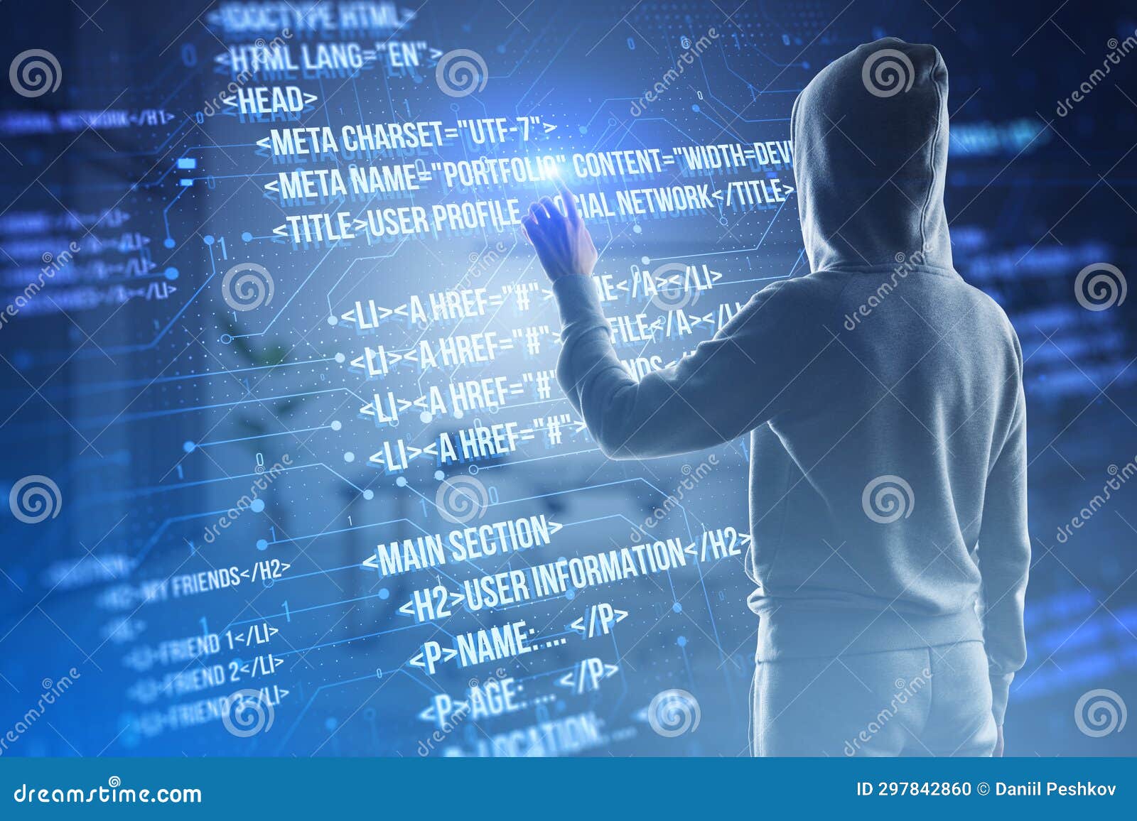 Back View Of Hacker Using Creative Digital Programming Language On