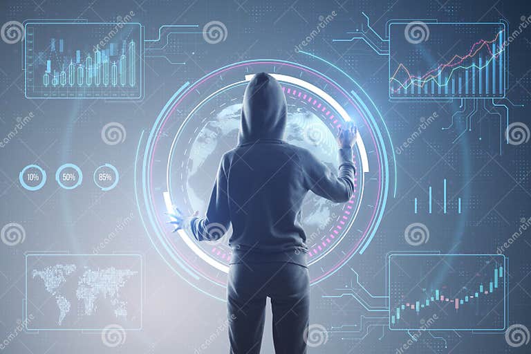 Back View of Hacker Using Digital Business Interface on Gray Background ...
