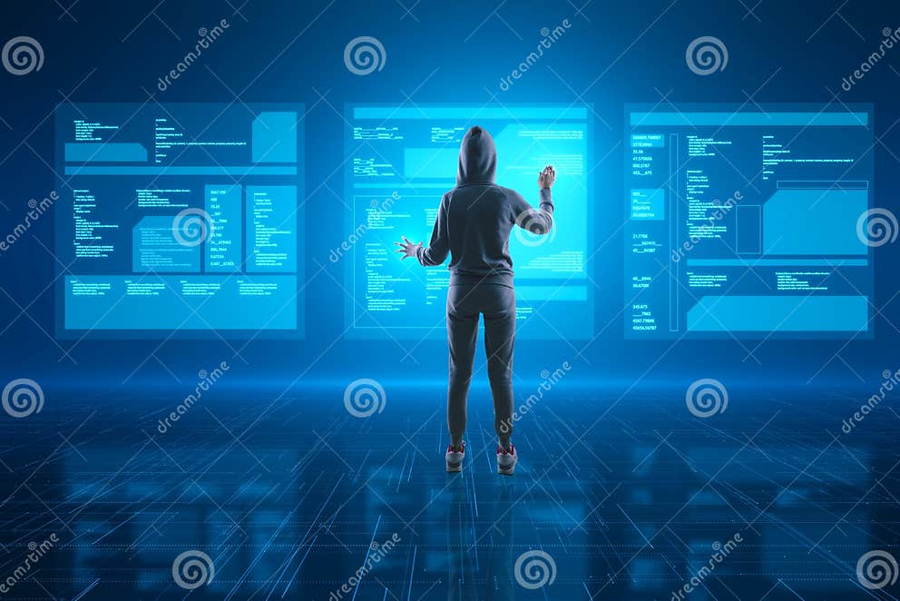 Back View of Hacker Using Digital Database Folded on Blurry Blue ...