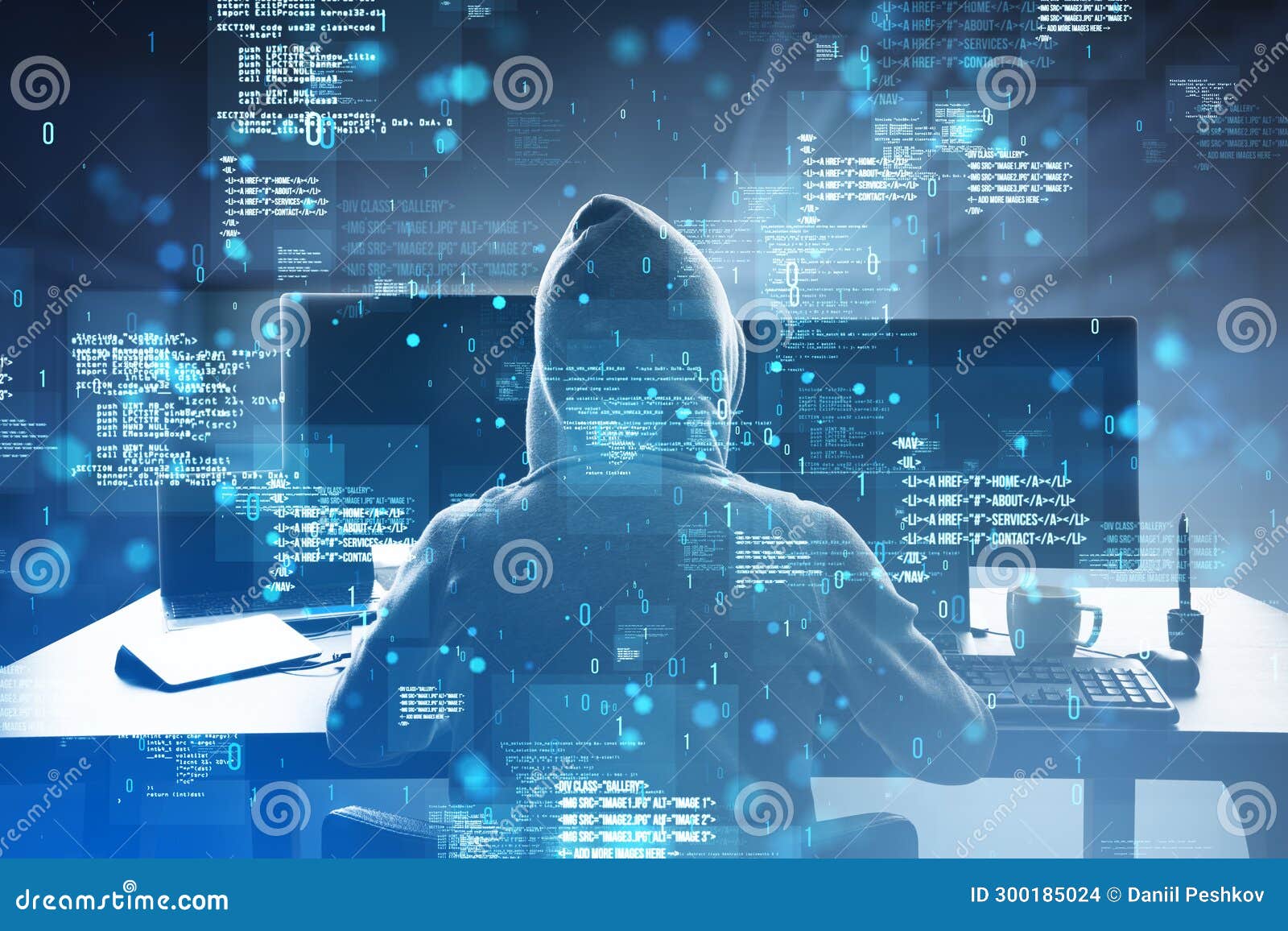 Back View Of Hacker Using Laptop At Desk With Creative Binary Coding Hologram On Blurry