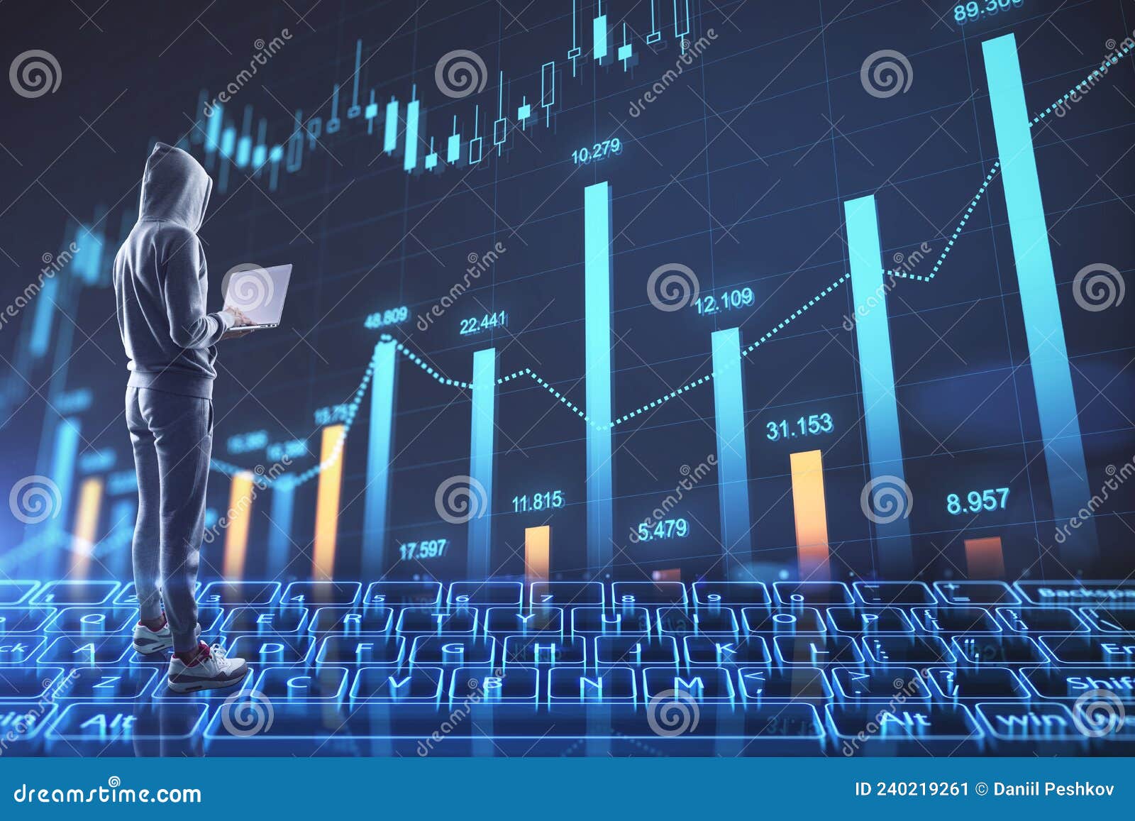 Back View Of Hacker Using Notebook With Abstract Image Of Glowing Digital Keyboard With Map And