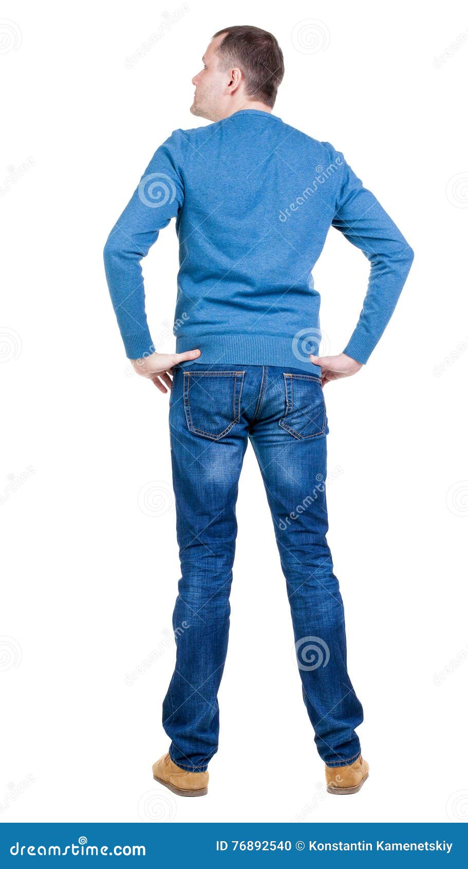 Back View of Handsome Man in Blue Pullover Looking Up. Stock Photo ...