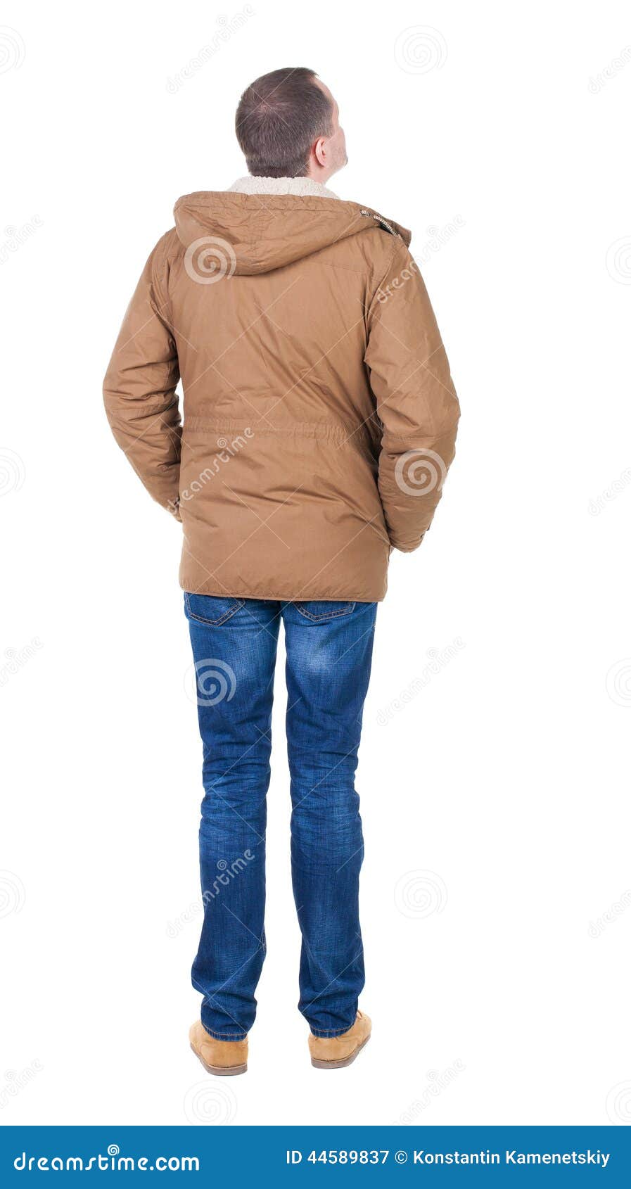 Back View of Handsome Man in Winter Jacket Looking Up. Stock Image ...