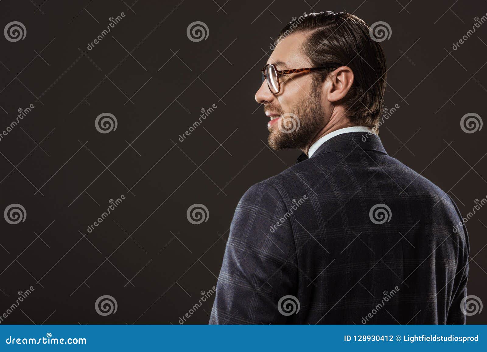 Back View of Handsome Smiling Man in Eyeglasses Looking Away Stock ...